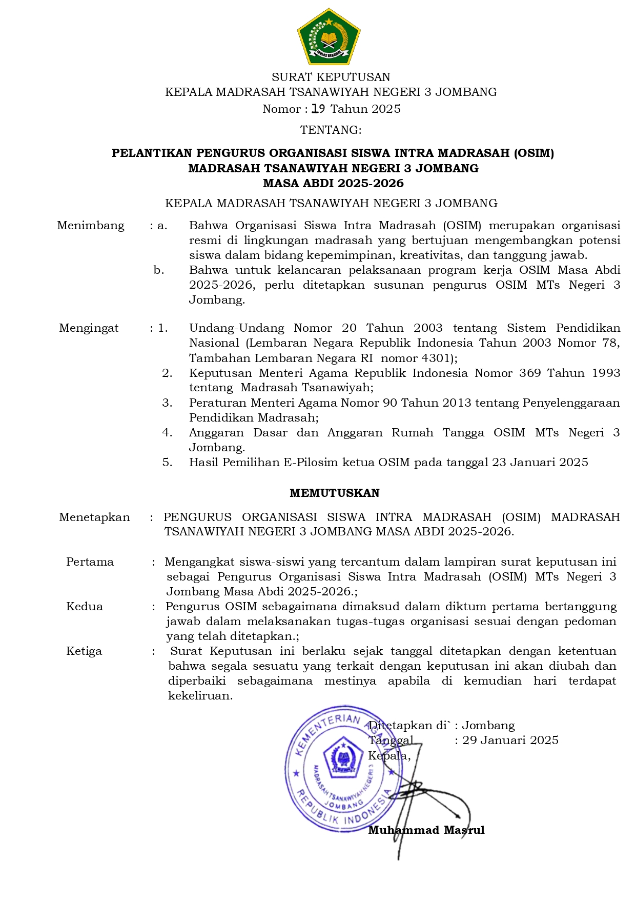 STRUKTUR PEMBINA DAN PENGURUS OSIM MTSN 3 JOMBANG MASA ABDI 2025-2026