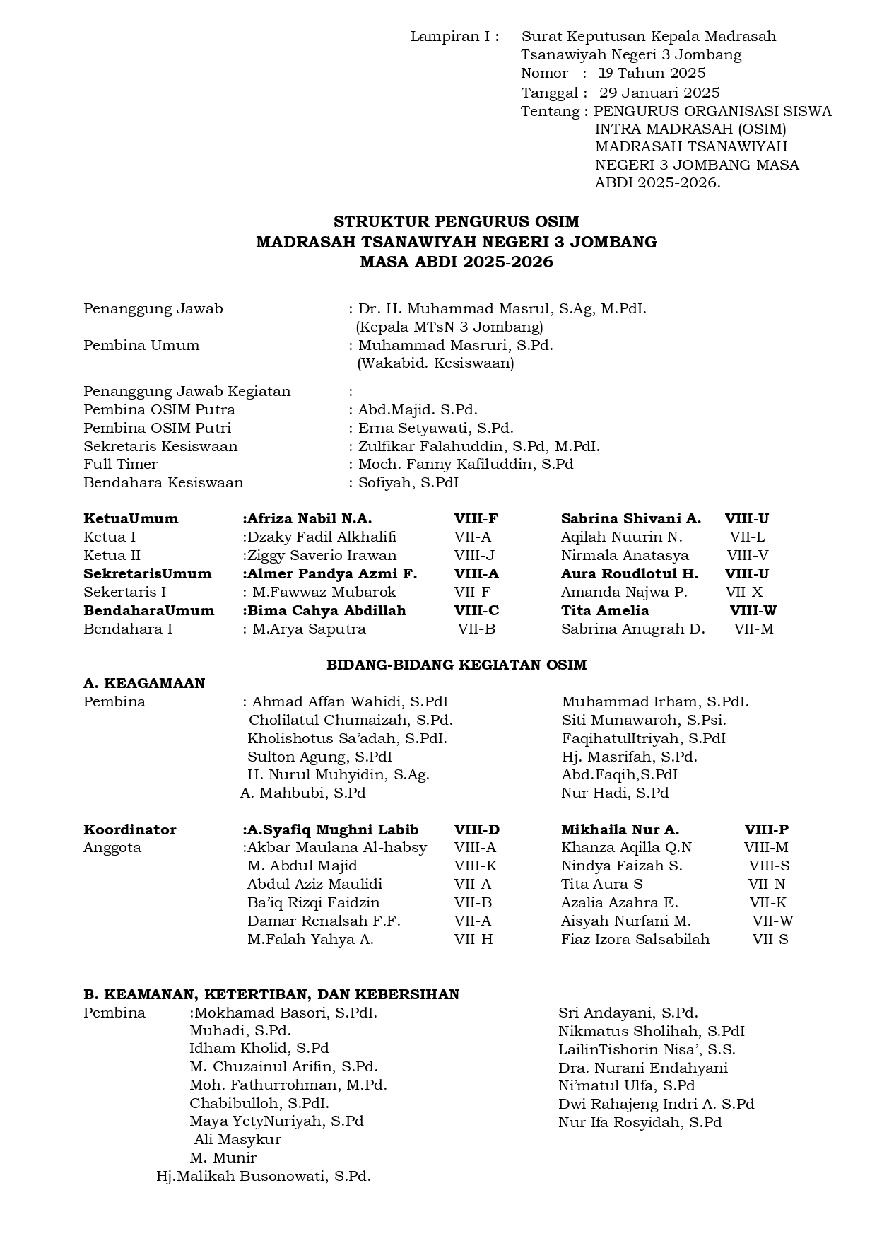 STRUKTUR PEMBINA DAN PENGURUS OSIM MTSN 3 JOMBANG MASA ABDI 2025-2026