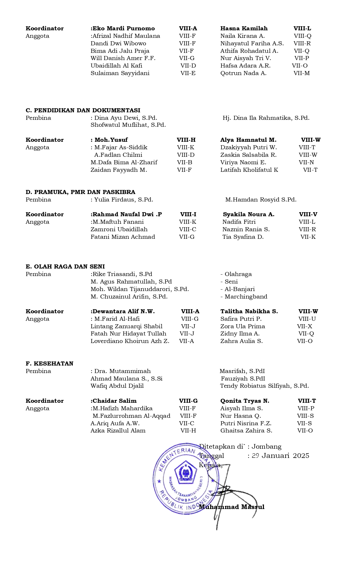 STRUKTUR PEMBINA DAN PENGURUS OSIM MTSN 3 JOMBANG MASA ABDI 2025-2026